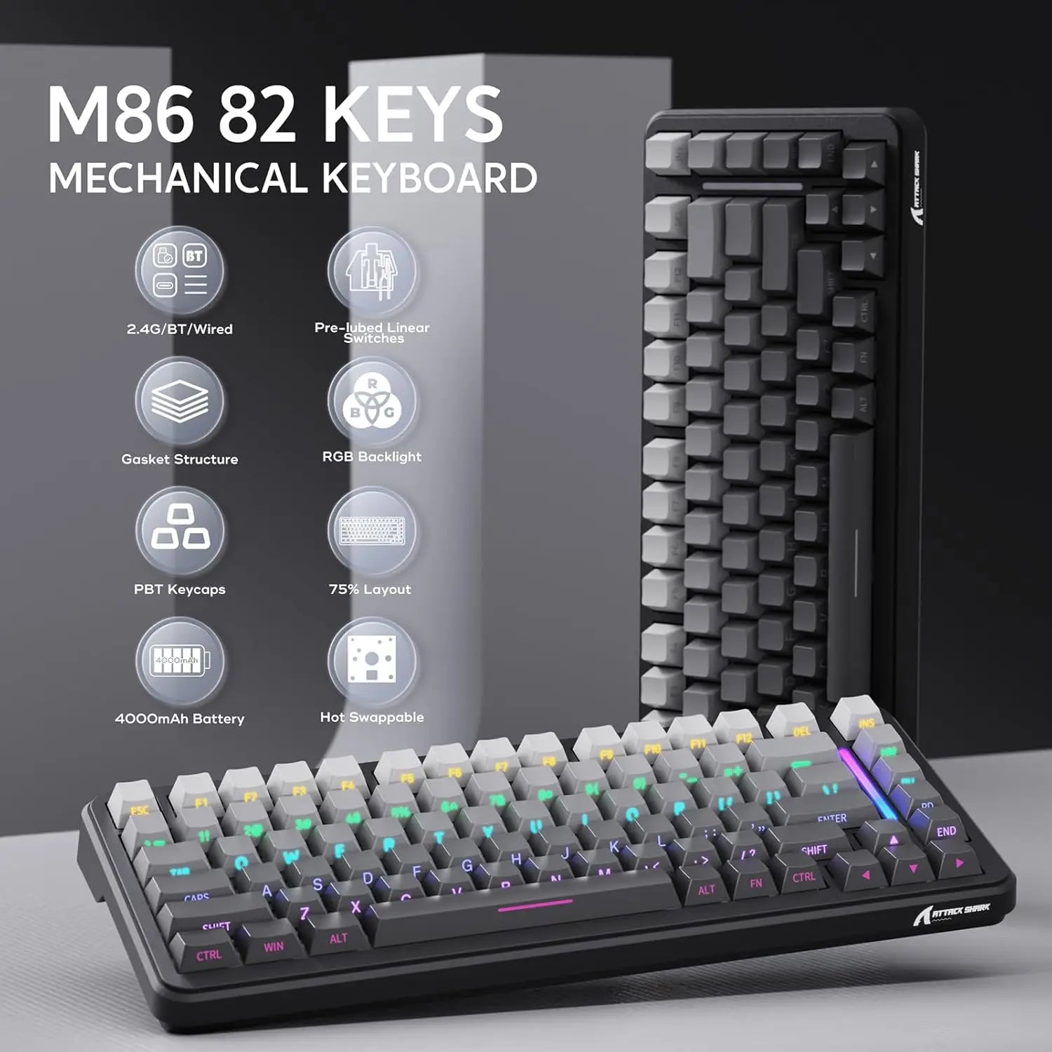 ATTACK SHARK M86 Wireless Mechanical Gaming Keyboard – 75% Layout, Gas ...